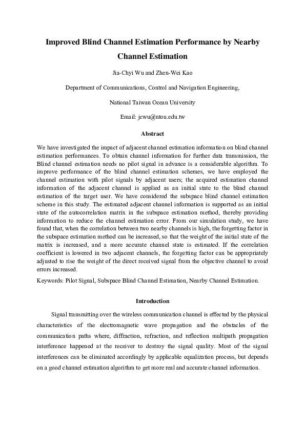 (PDF) Improved Blind Channel Estimation Performance by Nearby Channel Estimation