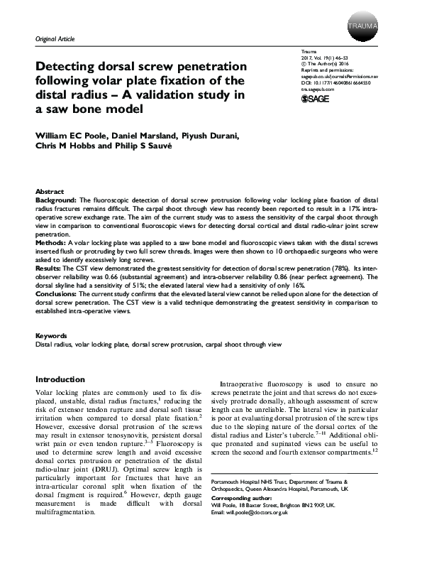 (PDF) Detecting dorsal screw penetration following volar plate fixation of the distal radius – A ...