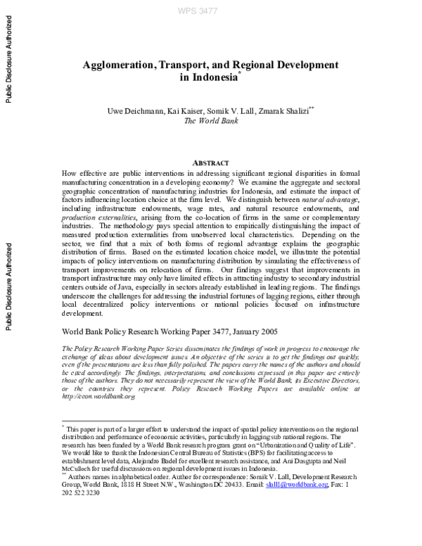(PDF) Agglomeration, Transport, and Regional Development in Indonesia