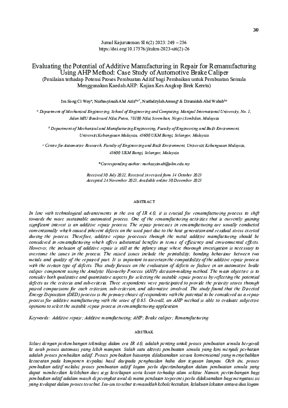 (PDF) Evaluating the Potential of Additive Manufacturing in Repair for ...
