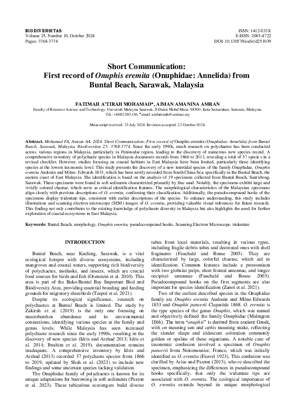 (PDF) First record of Onuphis eremita (Onuphidae: Annelida) from Buntal ...