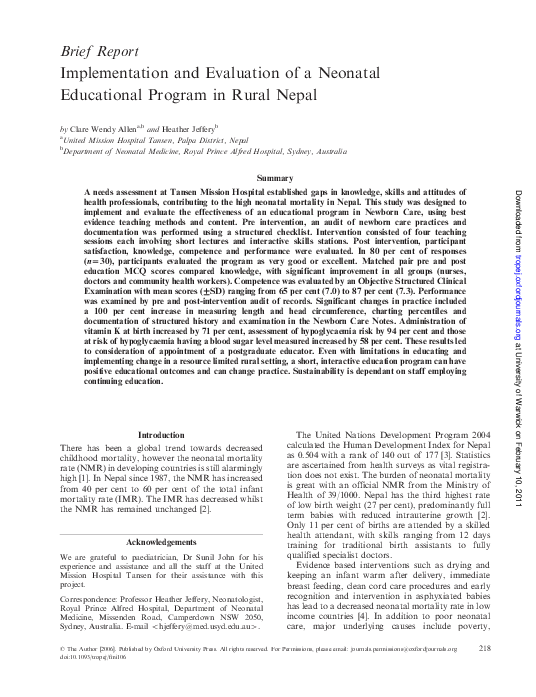 (PDF) Brief Report Implementation and Evaluation of a Neonatal Educational Program in Rural Nepal