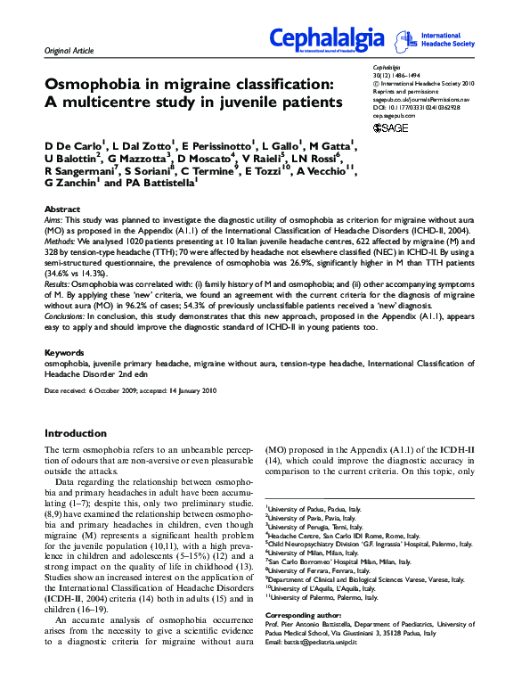 (PDF) Osmophobia in migraine classification: A multicentre study in ...