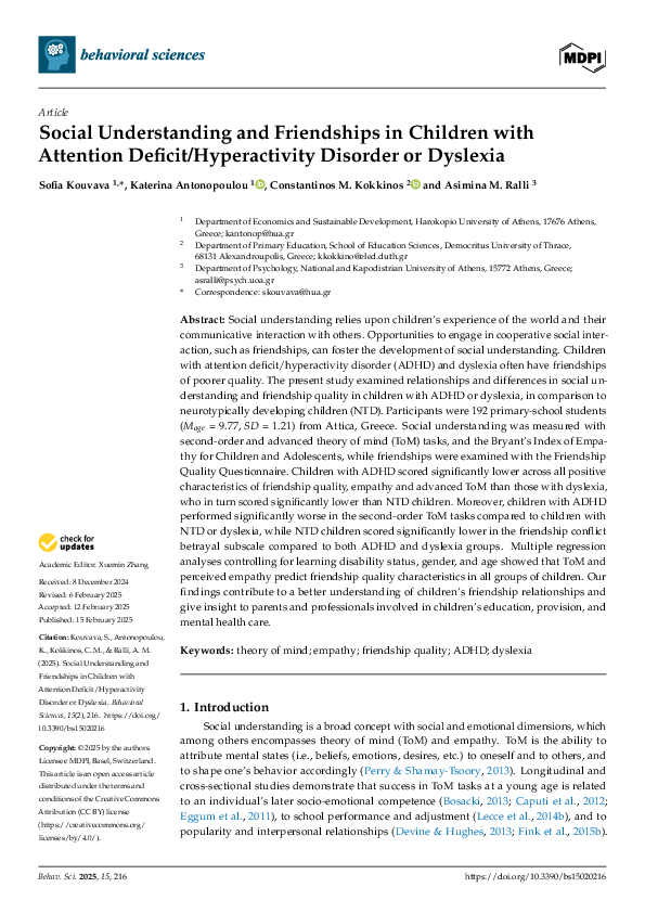 (PDF) Social Understanding and Friendships in Children with Attention Deficit/Hyperactivity ...