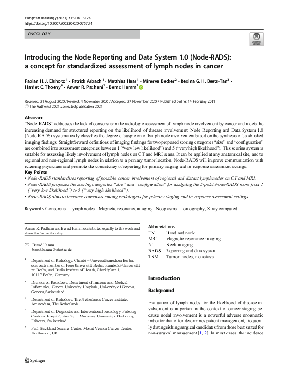 (PDF) Introducing the Node Reporting and Data System 1.0 (Node-RADS): a concept for standardized ...