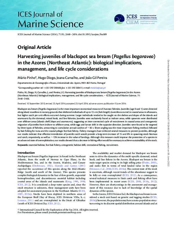 (PDF) Harvesting juveniles of blackspot sea bream (Pagellus bogaraveo ...