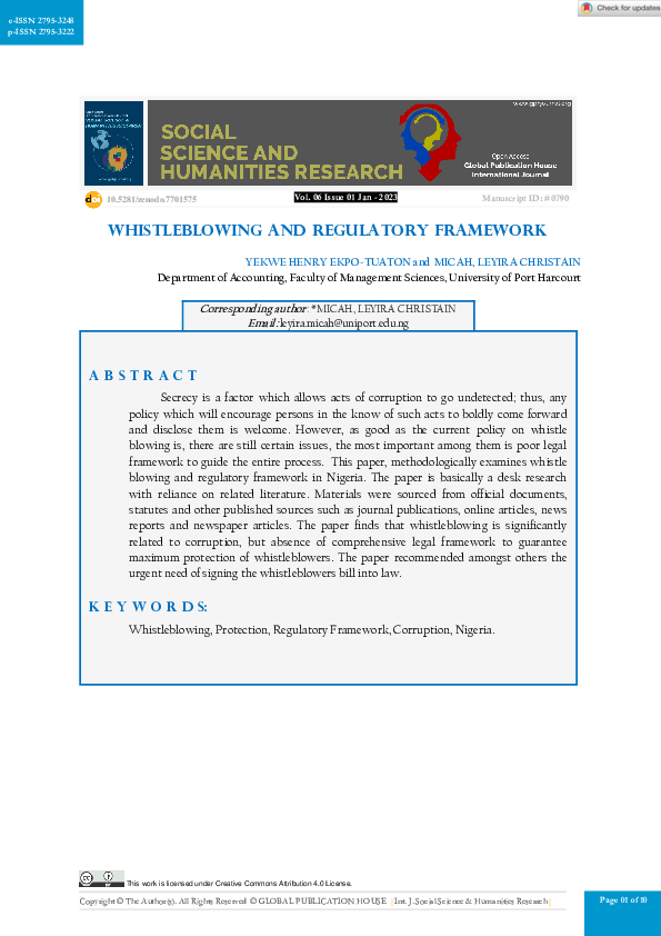 (PDF) Whistleblowing and Regulatory Framework