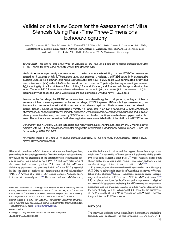 (PDF) Validation of a New Score for the Assessment of Mitral Stenosis Using Real-Time Three ...