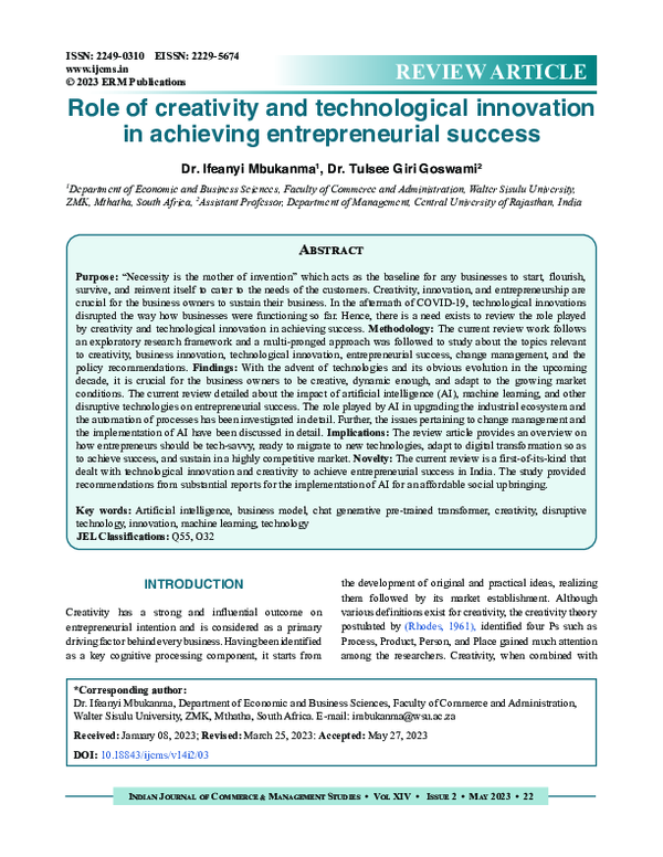 (PDF) Role of Creativity and Technological Innovation in Achieving Entrepreneurial Success