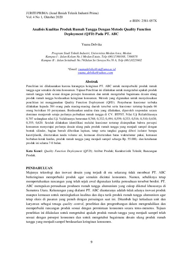 (PDF) Analisis Kualitas Produk Rumah Tangga Dengan Metode Quality Function Deployment (QFD) Pada ...