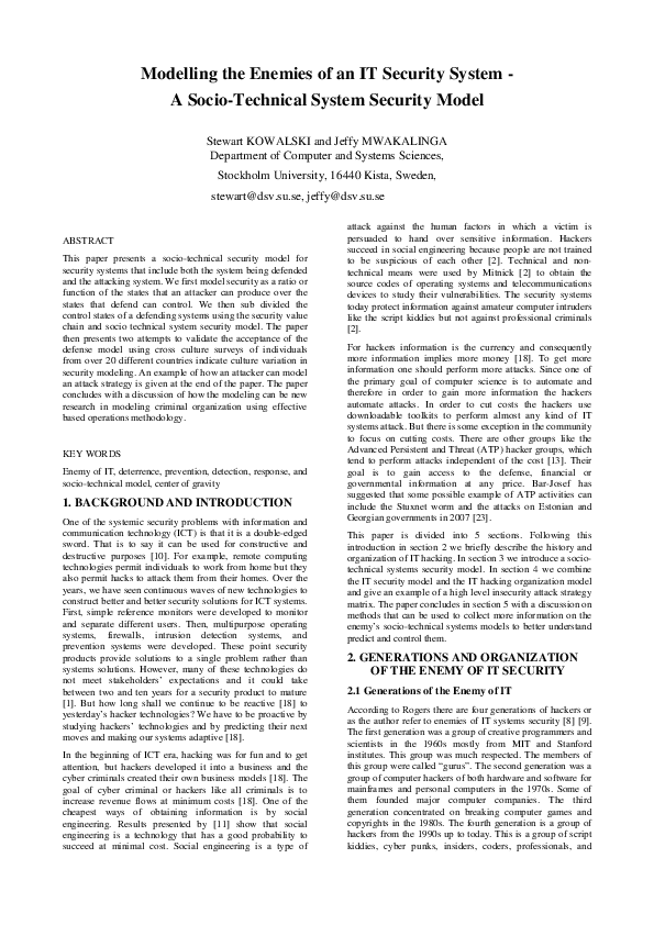 Pdf Modeling The Enemies Of An It Security System A Socio Technical System Security Model
