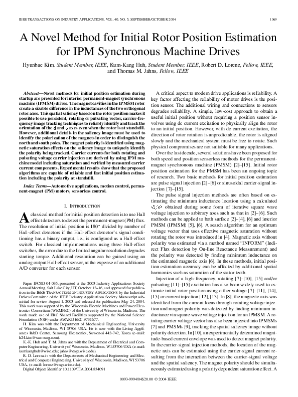 Pdf A Novel Method For Initial Rotor Position Estimation For Ipm