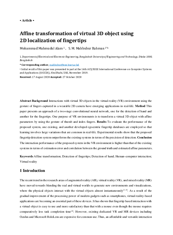 Pdf Affine Transformation Of Virtual 3d Object Using 2d Localization