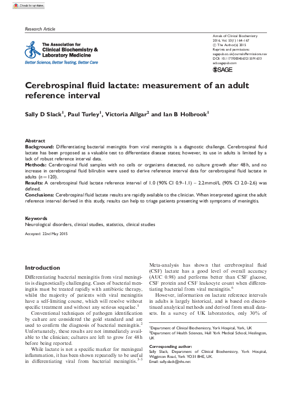 (PDF) Cerebrospinal fluid lactate: measurement of an adult reference ...