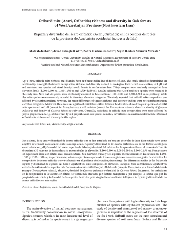 (PDF) Oribatid mite (Acari, Oribatida) richness and diversity in Oak ...