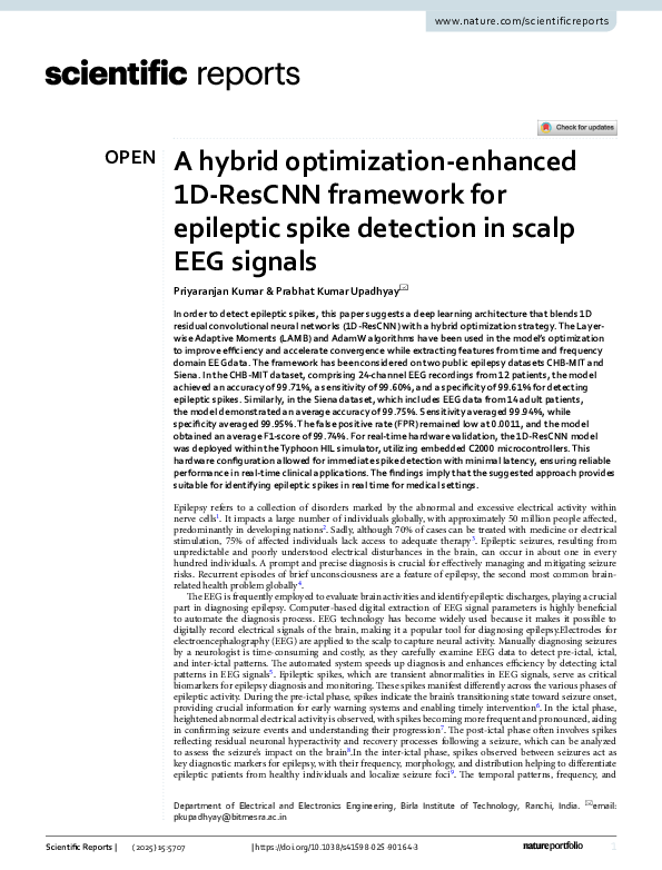 Pdf A Hybrid Optimization Enhanced 1d Rescnn Framework For Epileptic Spike Detection In Scalp