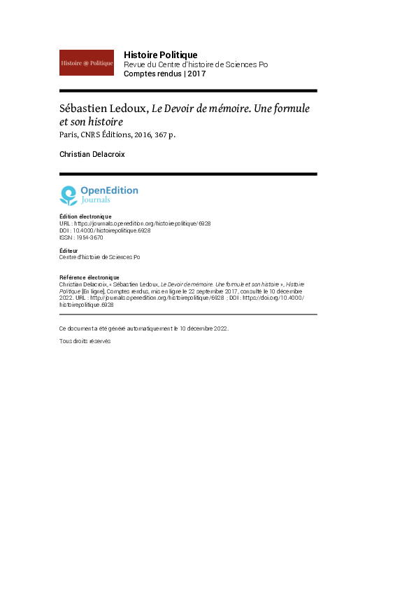 (PDF) Sébastien Ledoux, Le Devoir de mémoire. Une formule et son histoire