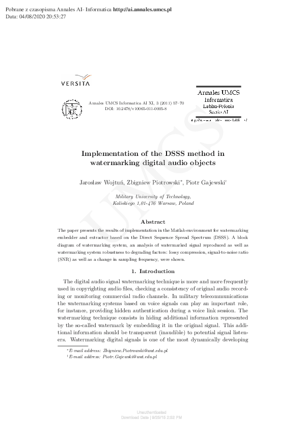 (PDF) Implementation of the DSSS method in watermarking digital audio objects