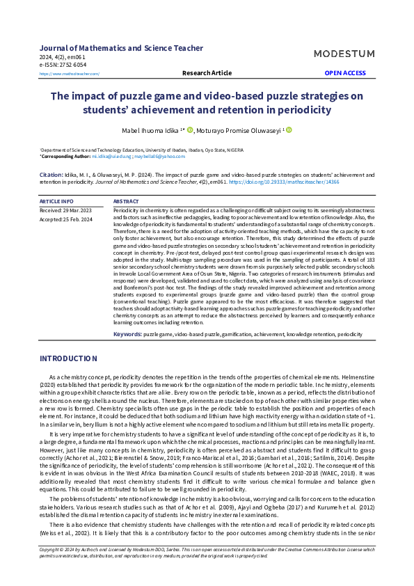 (PDF) The impact of puzzle game and video-based puzzle strategies on ...