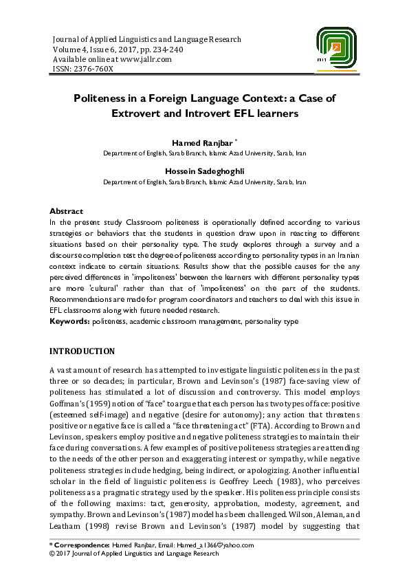 (PDF) Politeness in a Foreign Language Context: a Case of Extrovert and Introvert EFL learners
