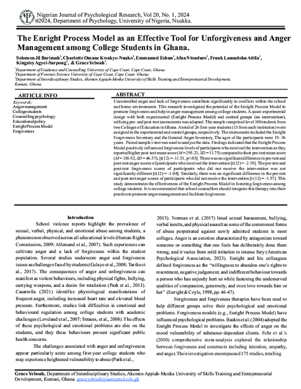 (PDF) The Enright Process Model as an Effective Tool for Unforgiveness ...
