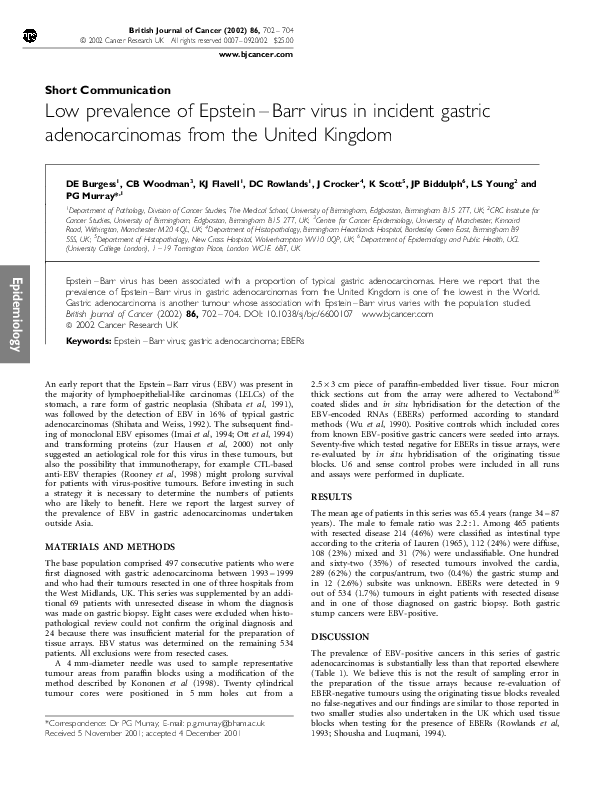 (PDF) Low prevalence of Epstein–Barr virus in incident gastric ...