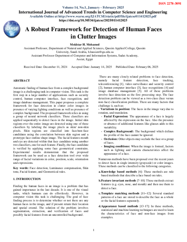 (PDF) A Robust Framework for Detection of Human Faces in Clutter Images