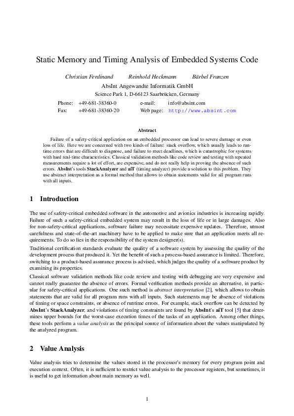 (PDF) Static memory and timing analysis of embedded systems code