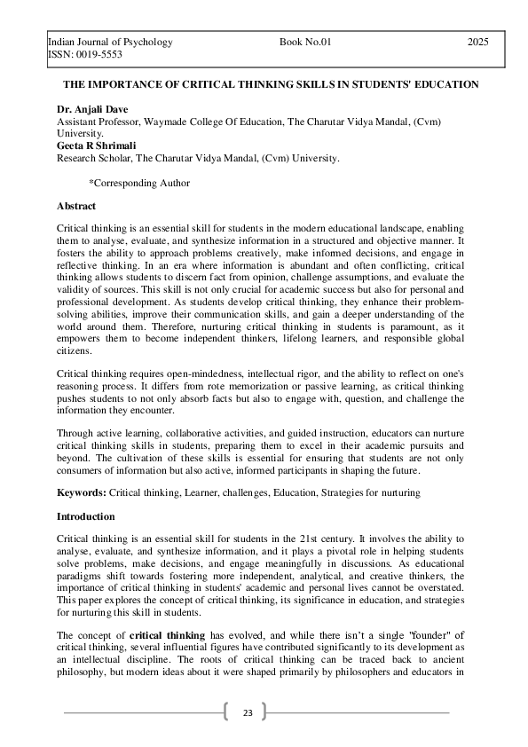 (PDF) THE IMPORTANCE OF CRITICAL THINKING SKILLS IN STUDENTS' EDUCATION