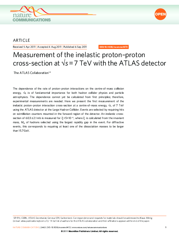 Pdf Measurement Of The Inelastic Proton Proton Cross Section At √s 7 Tev With The Atlas Detector