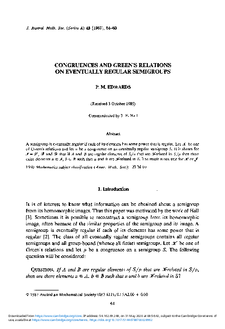 (PDF) Congruences and Green's relations on eventually regular semigroups