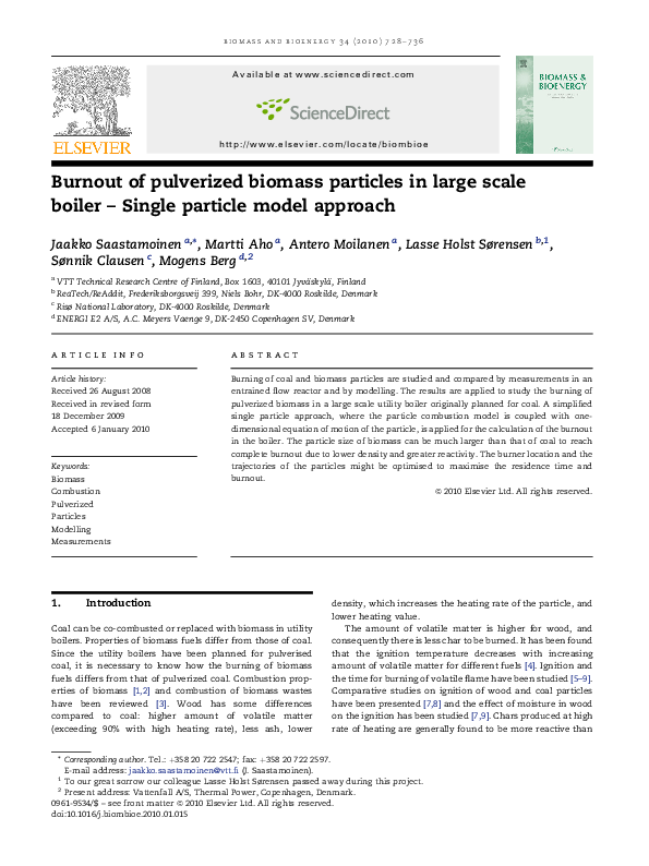 (PDF) Burnout of pulverized biomass particles in large scale boiler – Single particle model approach