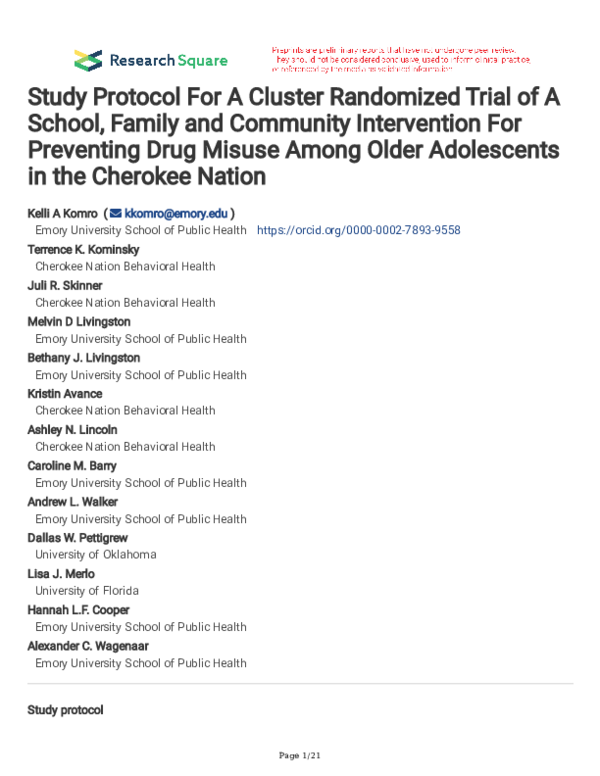 (PDF) Study Protocol For A Cluster Randomized Trial of A School, Family and Community ...