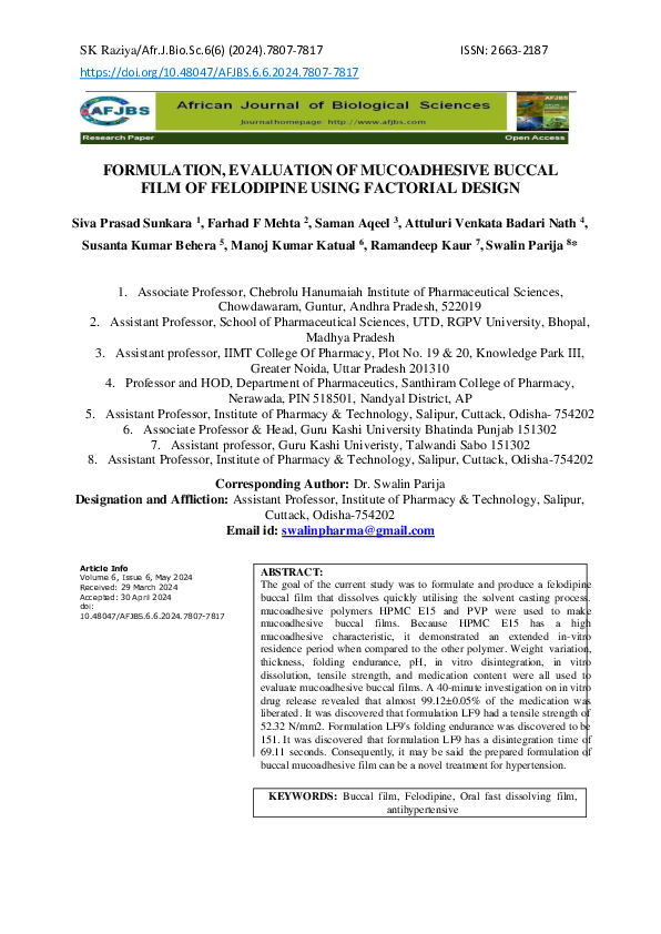 Pdf Formulation Evaluation Of Mucoadhesive Buccal Film Of Felodipine Using Factorial Design