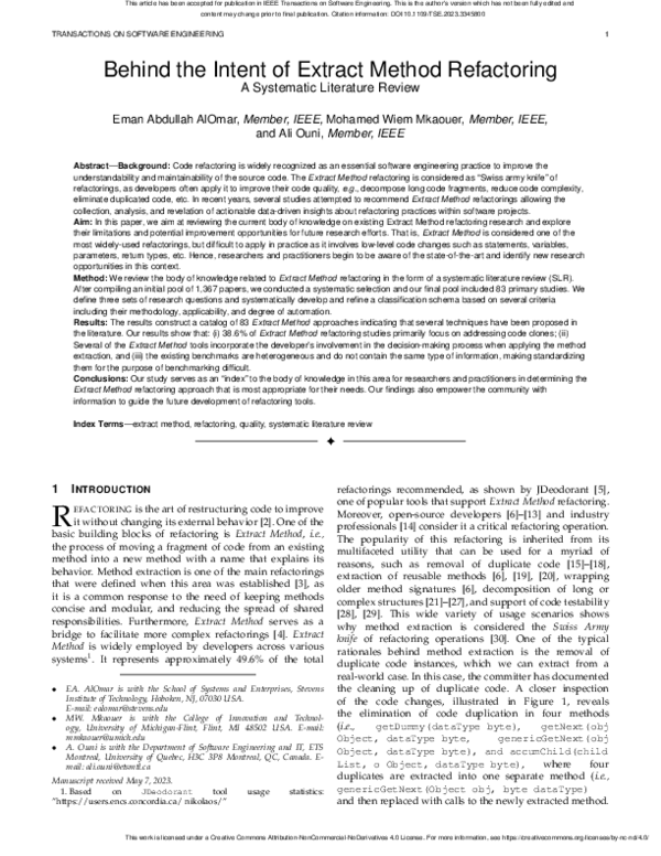 (PDF) Behind the Intent of Extract Method Refactoring: A Systematic Literature Review