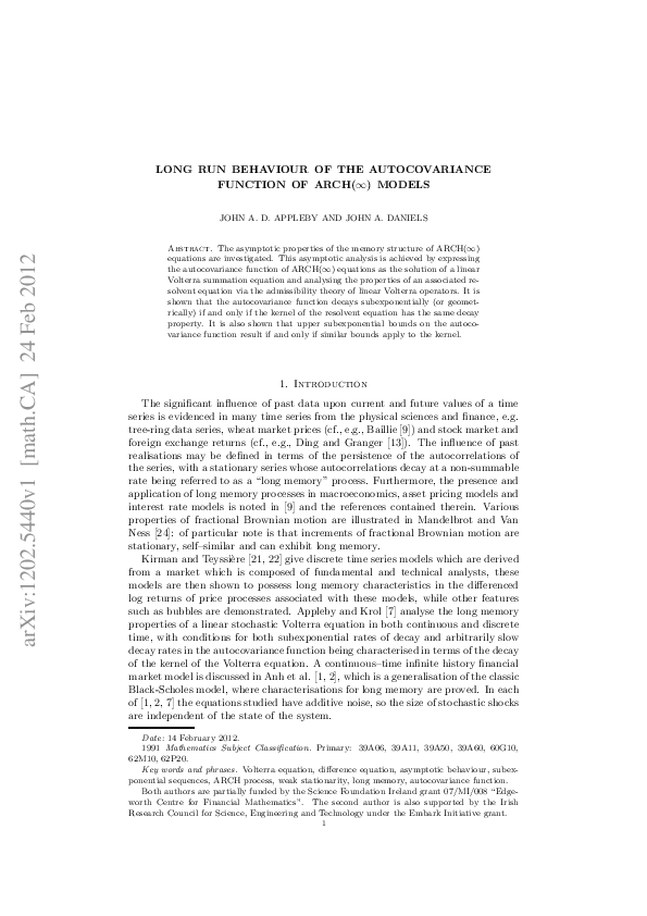 (PDF) Long run behaviour of the autocovariance function of ARCH($\infty$) models
