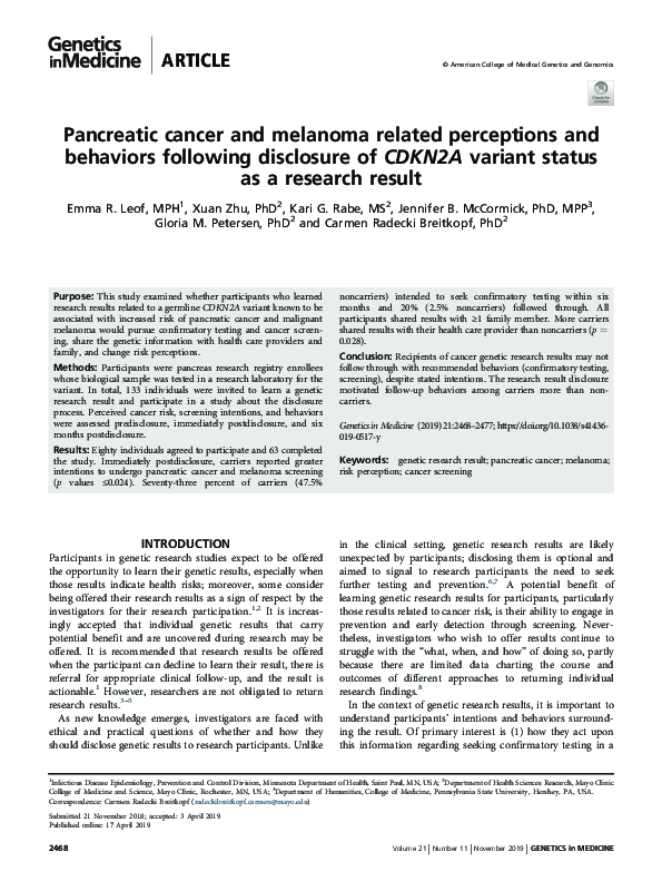 (PDF) Pancreatic cancer and melanoma related perceptions and behaviors following disclosure of ...