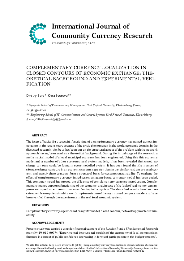 (PDF) Complementary Currency Localization in Closed Contours ofEconomic ...