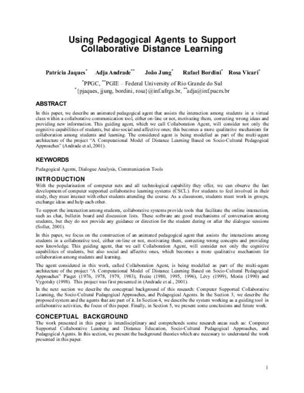 (PDF) Using pedagogical agents to support collaborative distance learning