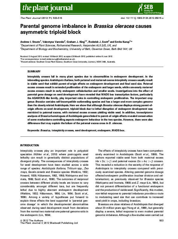 (PDF) Parental genome imbalance in Brassica oleracea causes asymmetric ...
