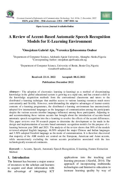 (PDF) A Review of Accent-Based Automatic Speech Recognition Models for E-Learning Environment