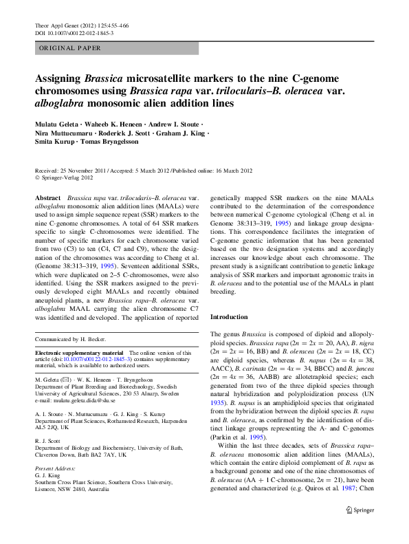 (PDF) Assigning Brassica microsatellite markers to the nine C-genome ...