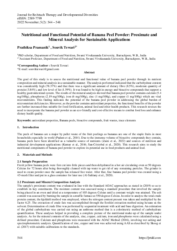 (PDF) Nutritional and Functional Potential of Banana Peel Powder: Proximate and Mineral Analysis ...