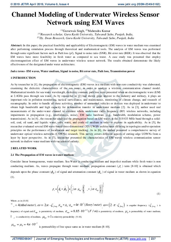 (PDF) Channel Modeling of Underwater Wireless Sensor Network using EM Waves
