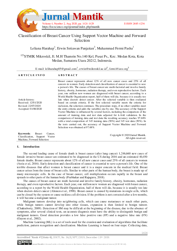 (PDF) Classification of Breast Cancer Using Support Vector Machine and Forward Selection