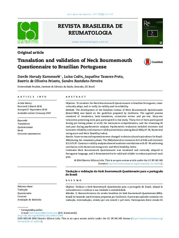 (PDF) Translation and validation of Neck Bournemouth Questionnaire to ...