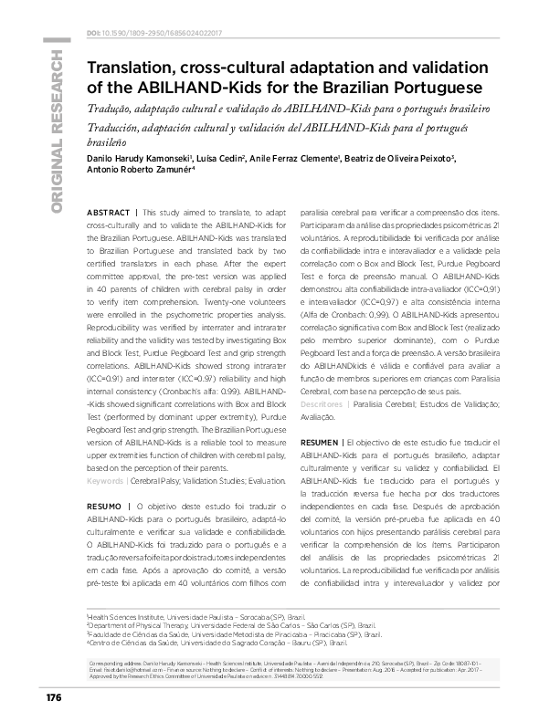 (PDF) Translation, cross-cultural adaptation and validation of the ABILHAND-Kids for the ...