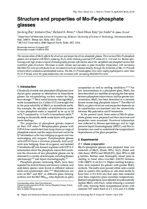 (PDF) Structure and properties of Mo-Fe-phosphate glasses