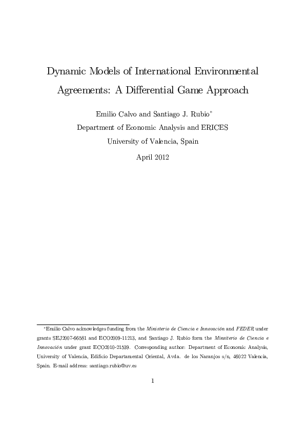 (PDF) Dynamic Models of International Environmental Agreements: A Differential Game Approach
