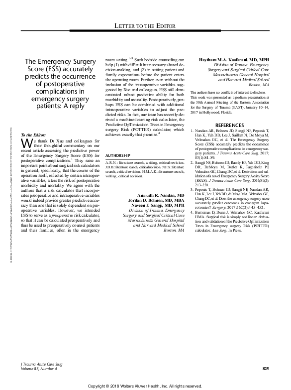 The Emergency Surgery Score (ESS) accurately predicts the occurrence of ...
